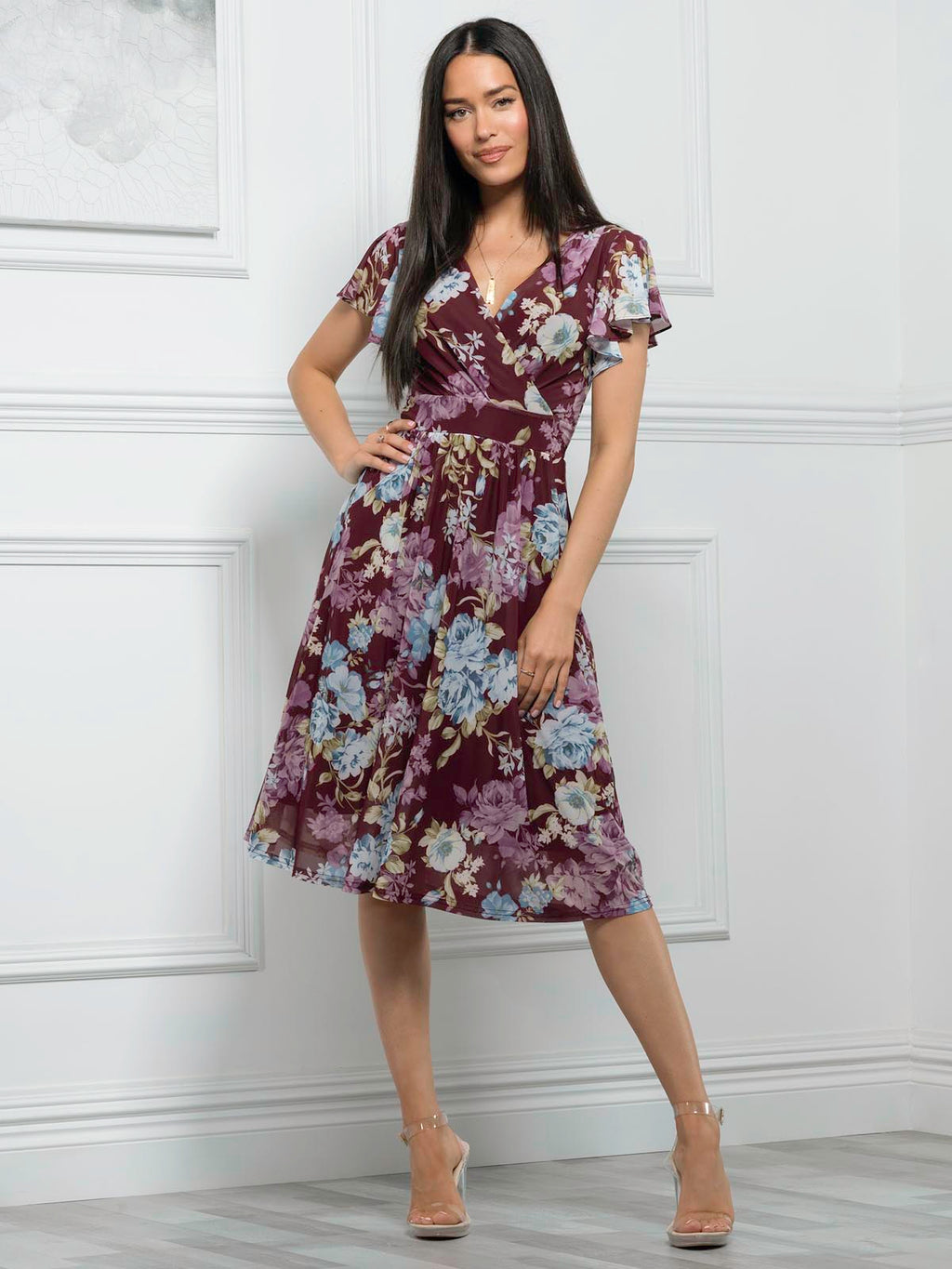 Jolie Moi Lylah Cross Front Mesh Dress, Dark Red – Jolie Moi Retail