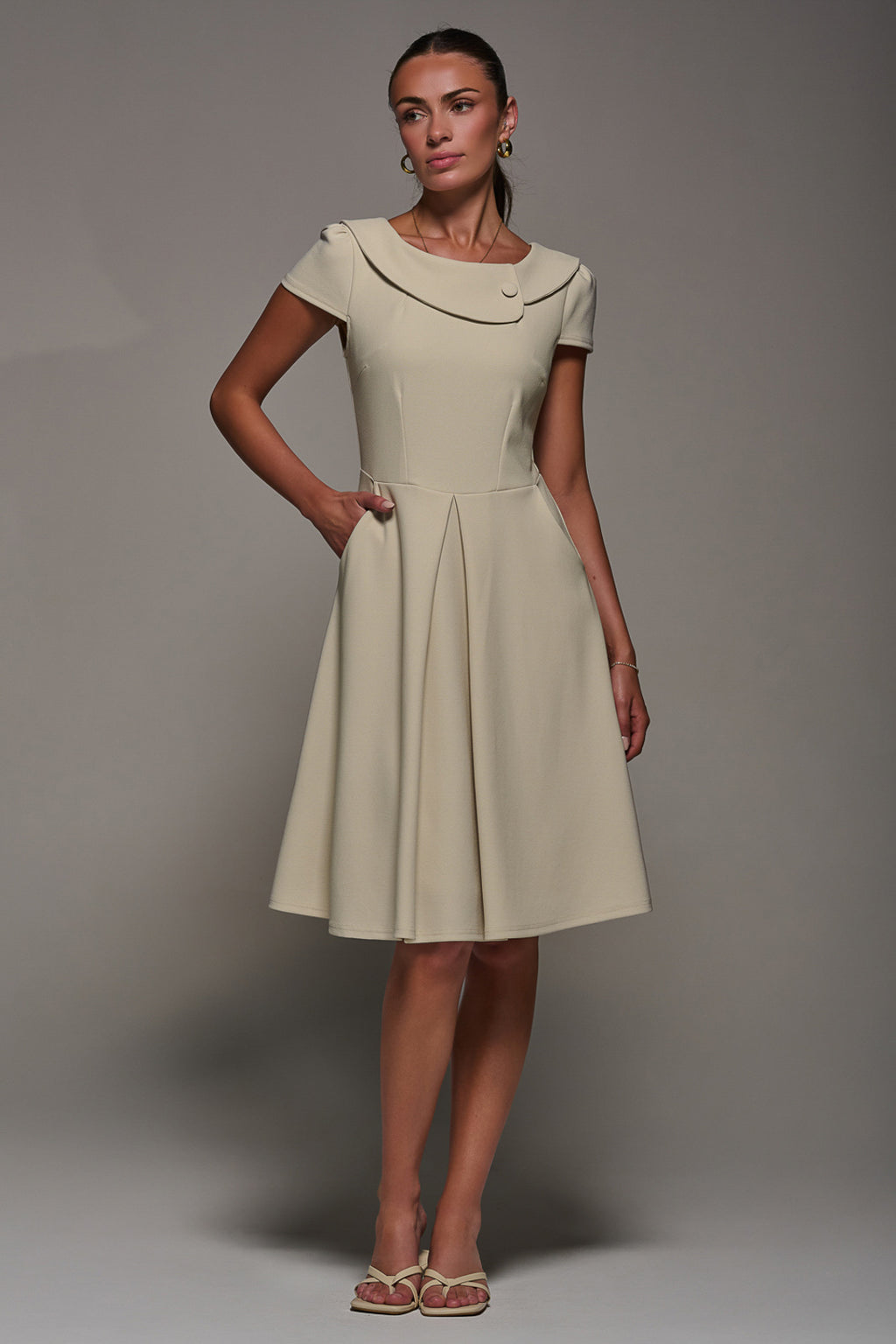 Roll Collar Cap Sleeve Midi Dress, Beige – Jolie Moi Retail
