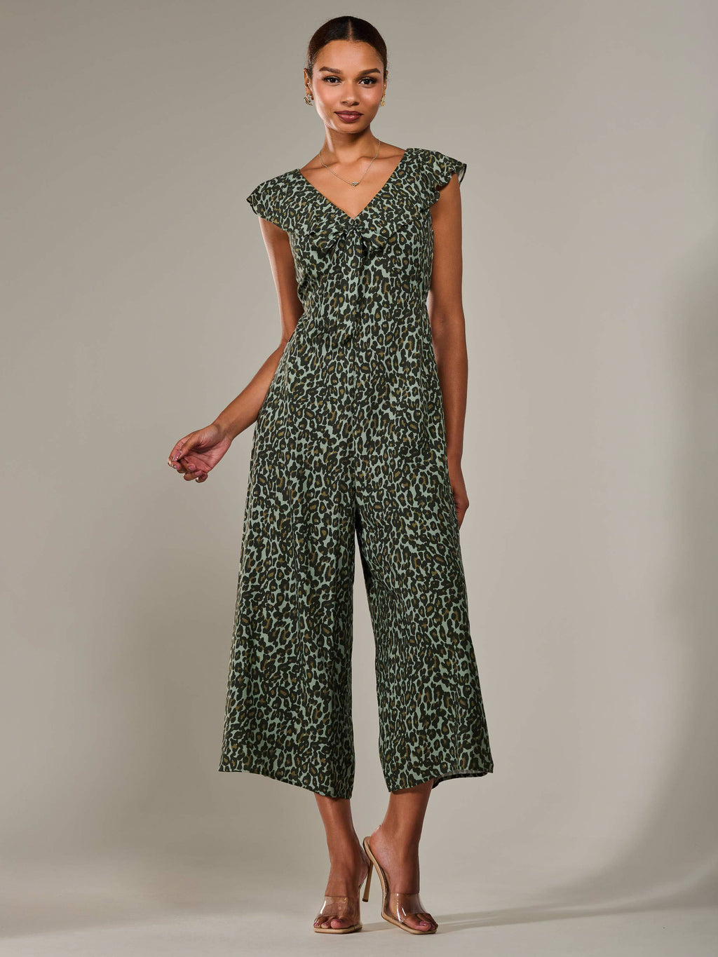 Frill Tie-front Jumpsuit, Green Leopard – Jolie Moi Retail