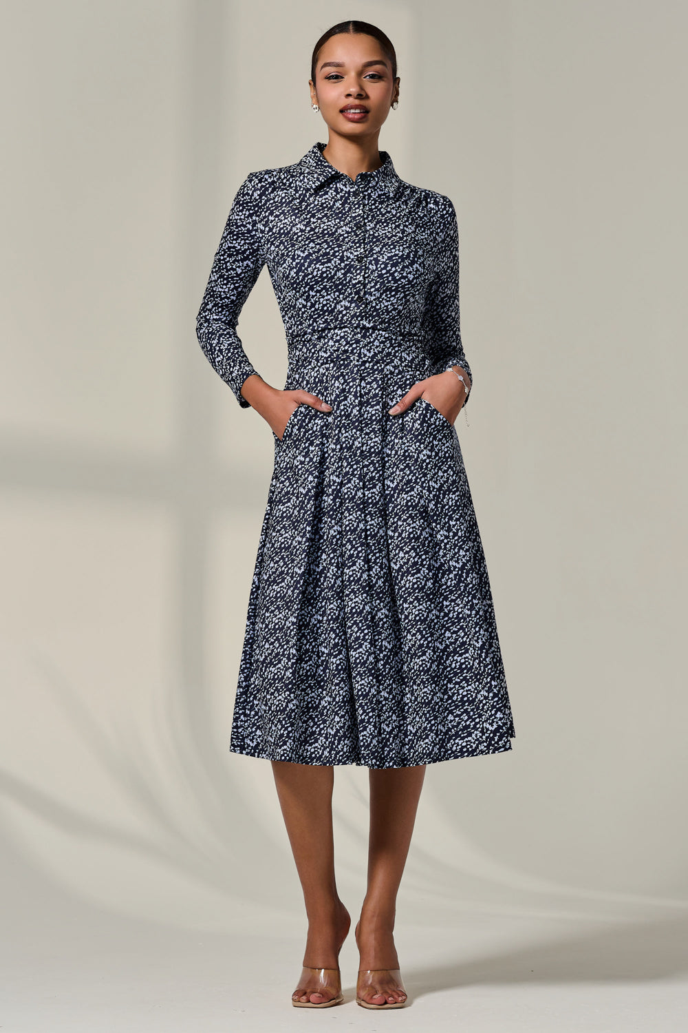 Long Sleeve Button Up Midi Dress, Navy Pattern – Jolie Moi Retail