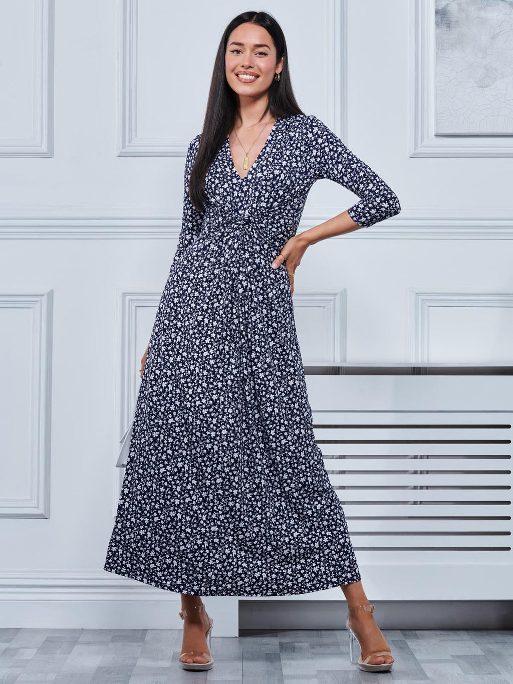 Hayat Twist Front Jersey Maxi Dress, Navy Floral – Jolie Moi Retail