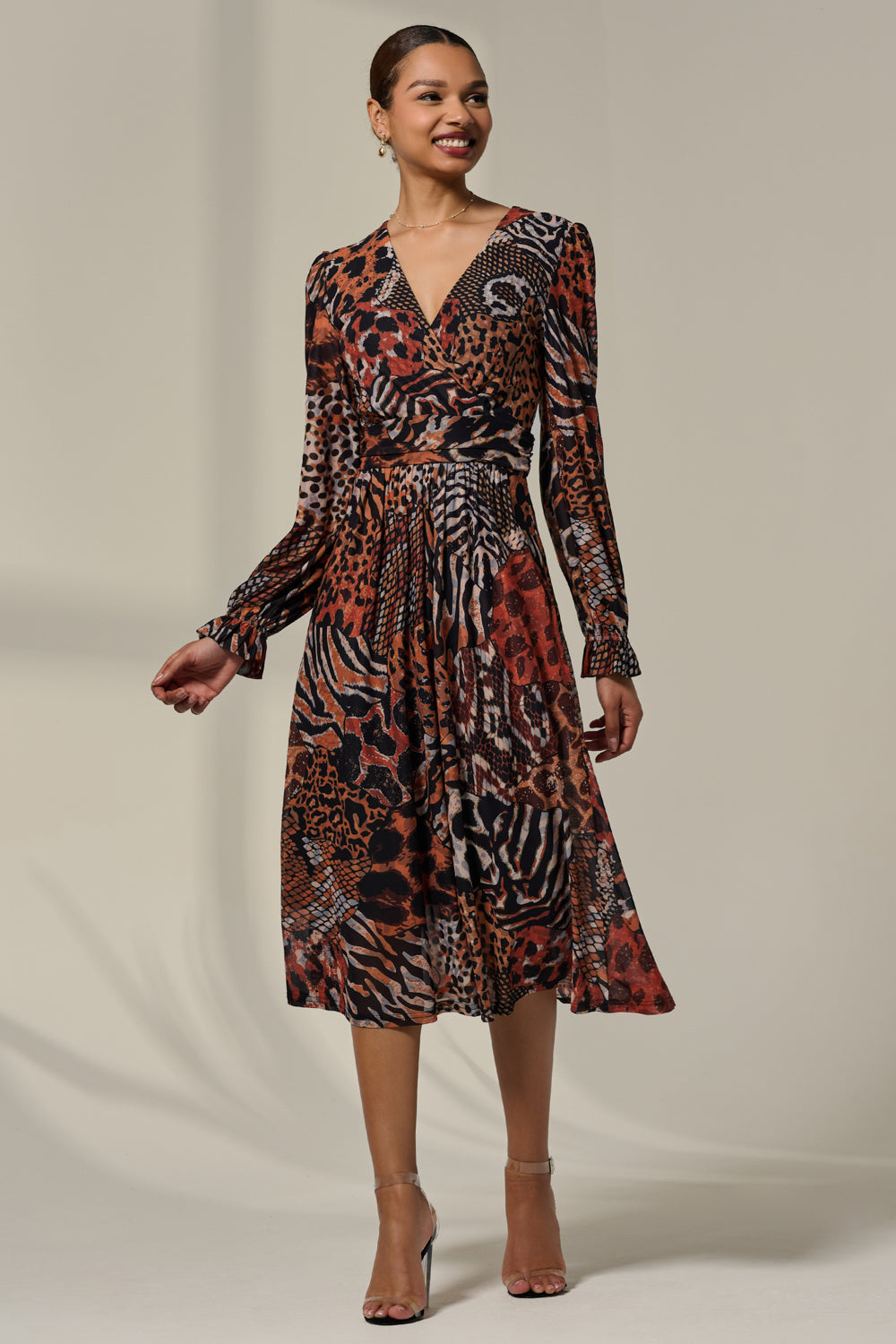 Mesh Long Ruffle Sleeve Midaxi Dress, Animal Multi – Jolie Moi Retail