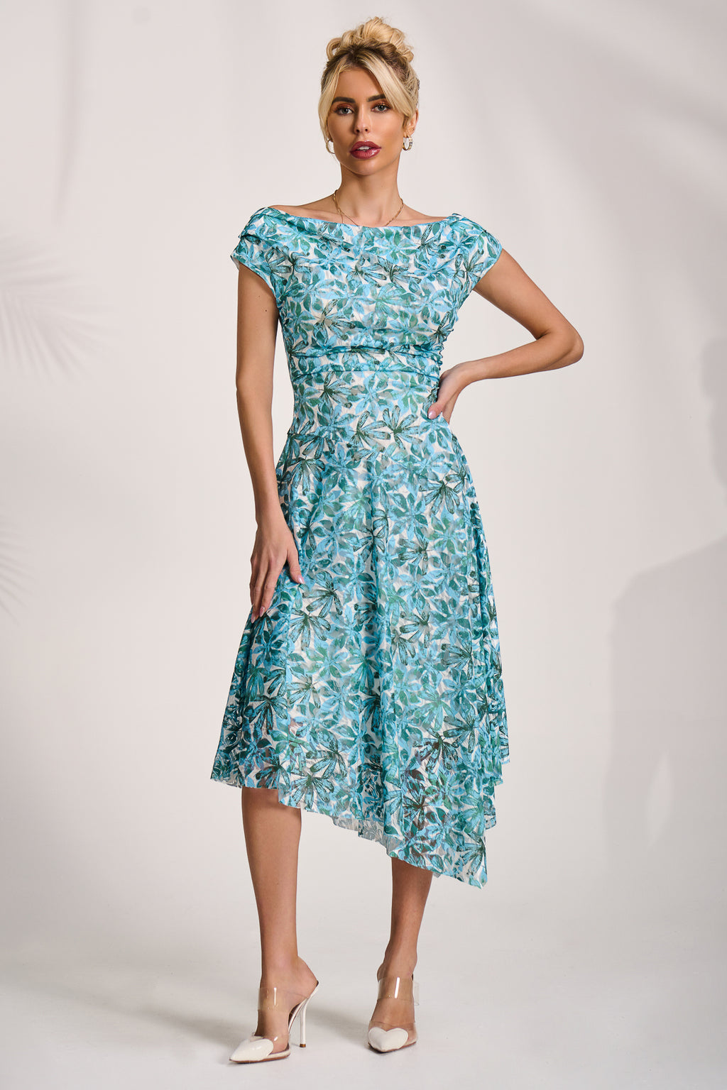 Asymmetric Printed Lace Draped Dress, Blue Abstract – Jolie Moi Retail