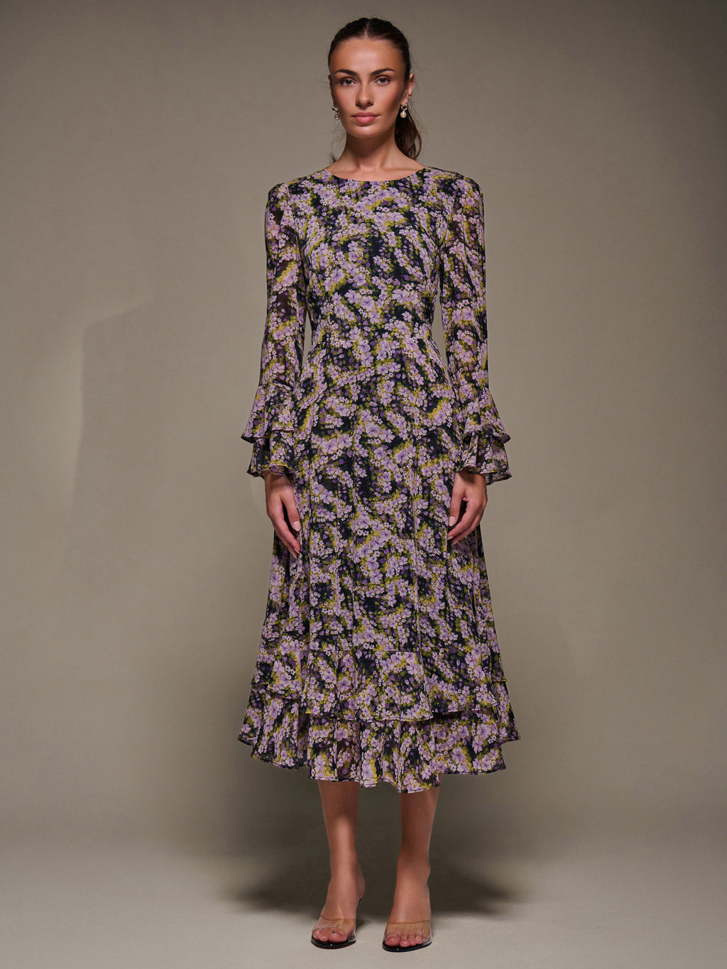 Long Sleeve Chiffon Print Frill Midaxi Dress, Purple Multi – Jolie Moi ...
