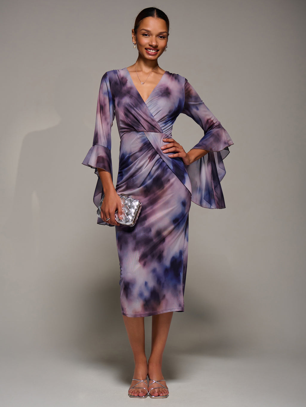 Ruffle Sleeve Ruched Mesh Bodycon Dress, Purple Abstract – Jolie Moi Retail
