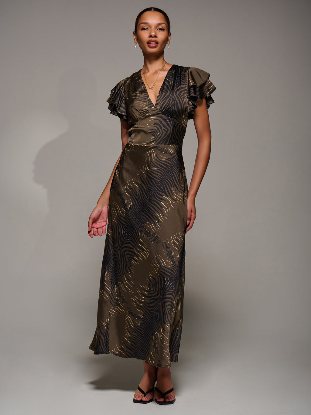 Ruffle Sleeve Print Satin Maxi Dress, Brown Animal – Jolie Moi Retail