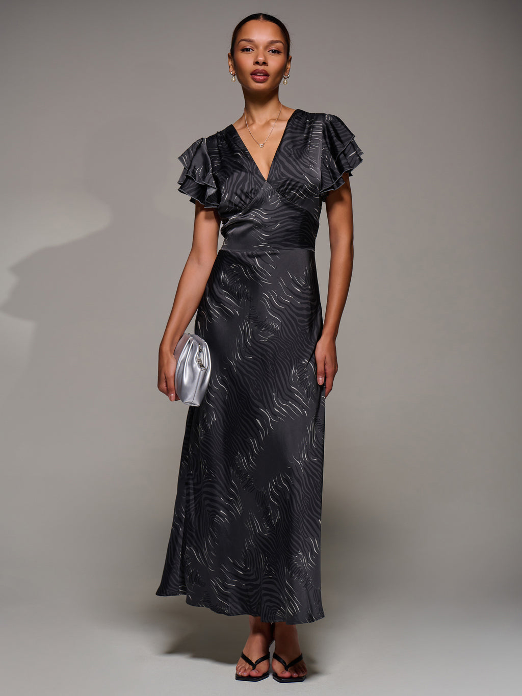 Ruffle Sleeve Print Satin Maxi Dress, Grey Animal – Jolie Moi Retail
