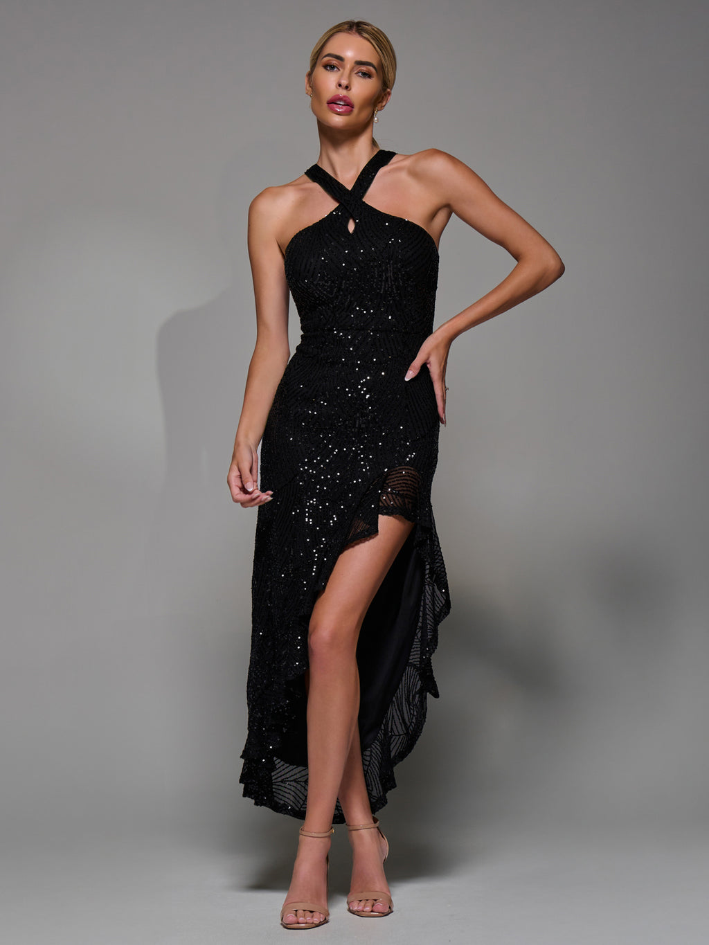 Cross Neck Side Ruffle Sequin Dress, Black – Jolie Moi Retail