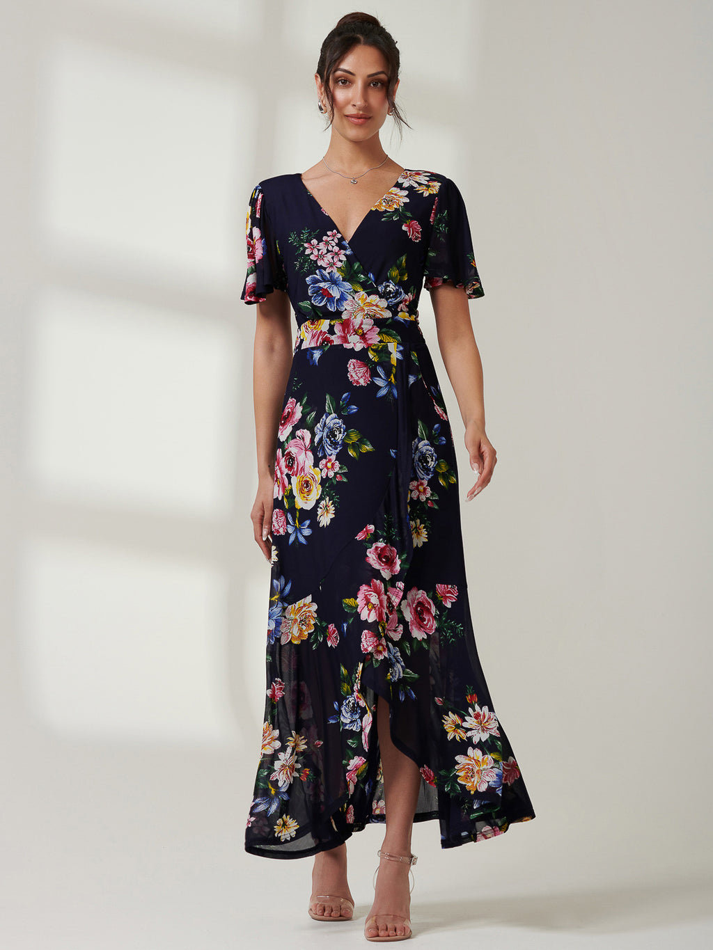 Frill Dip Hem Mesh Maxi Dress, Navy Floral – Jolie Moi Retail