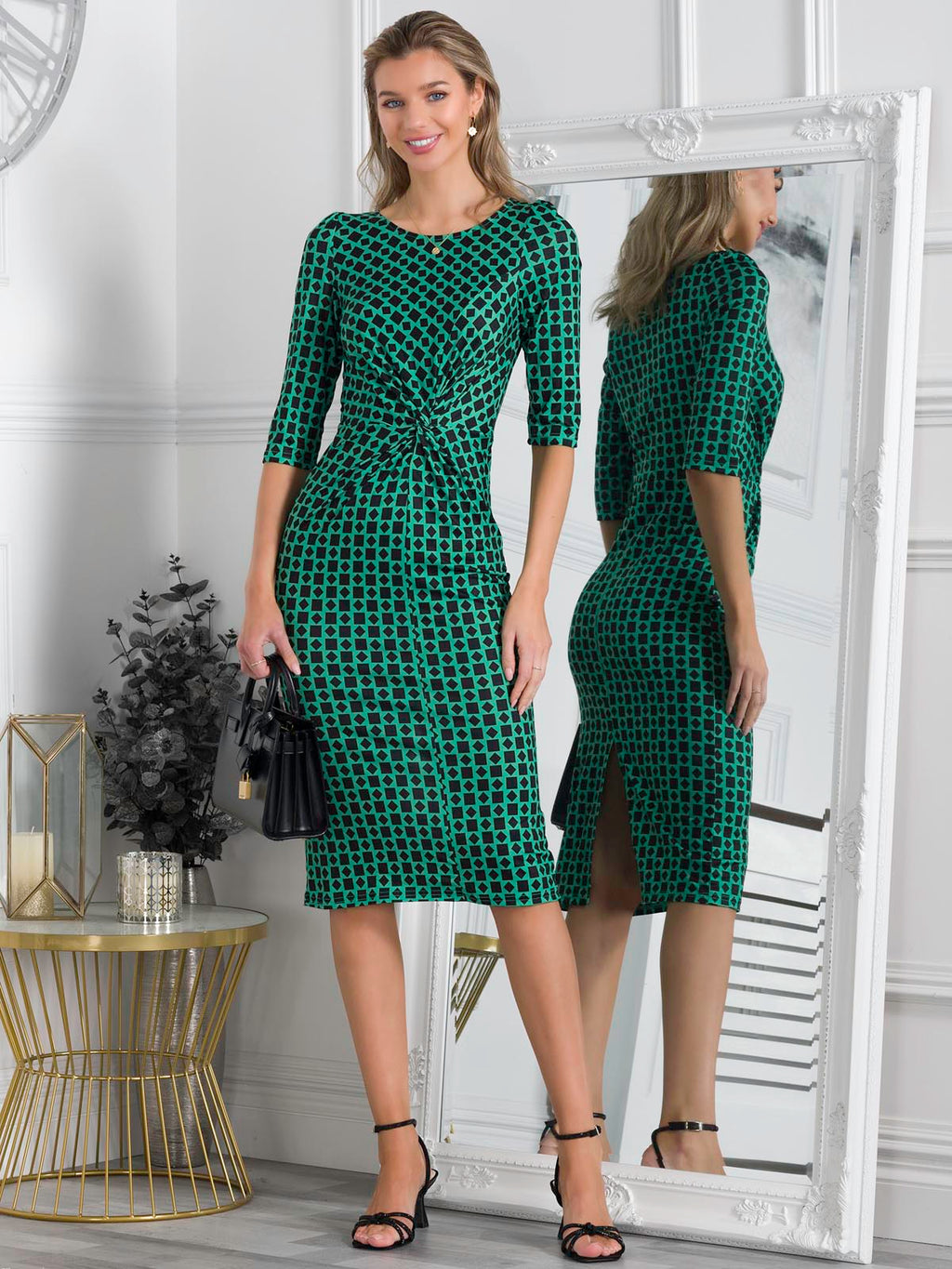 Qyara Jersey Twist Bodycon Midi Dress, Green Geometric – Jolie Moi Retail