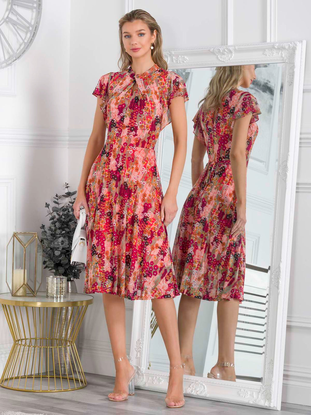Jolie Moi Luella Key Hole Mesh Dress, Orange Multi – Jolie Moi Retail